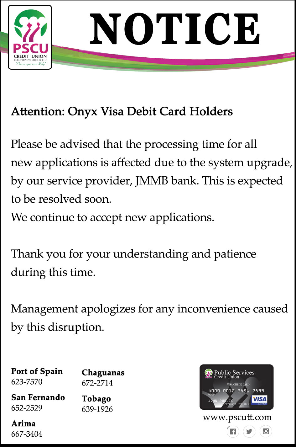 Onyx VISA Debit Card Update - PSCU Credit Union Co-Operative Society Ltd.