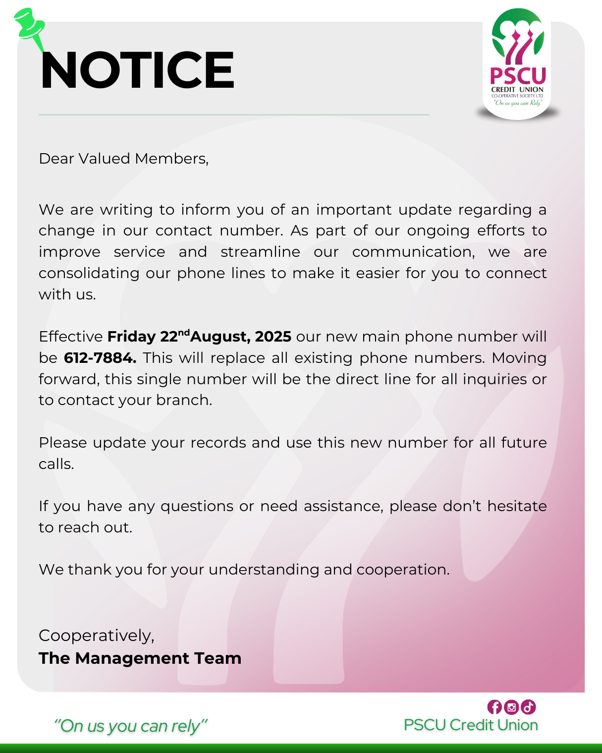 Notice - New PBX Line - PSCU Credit Union Co-Operative Society Ltd.